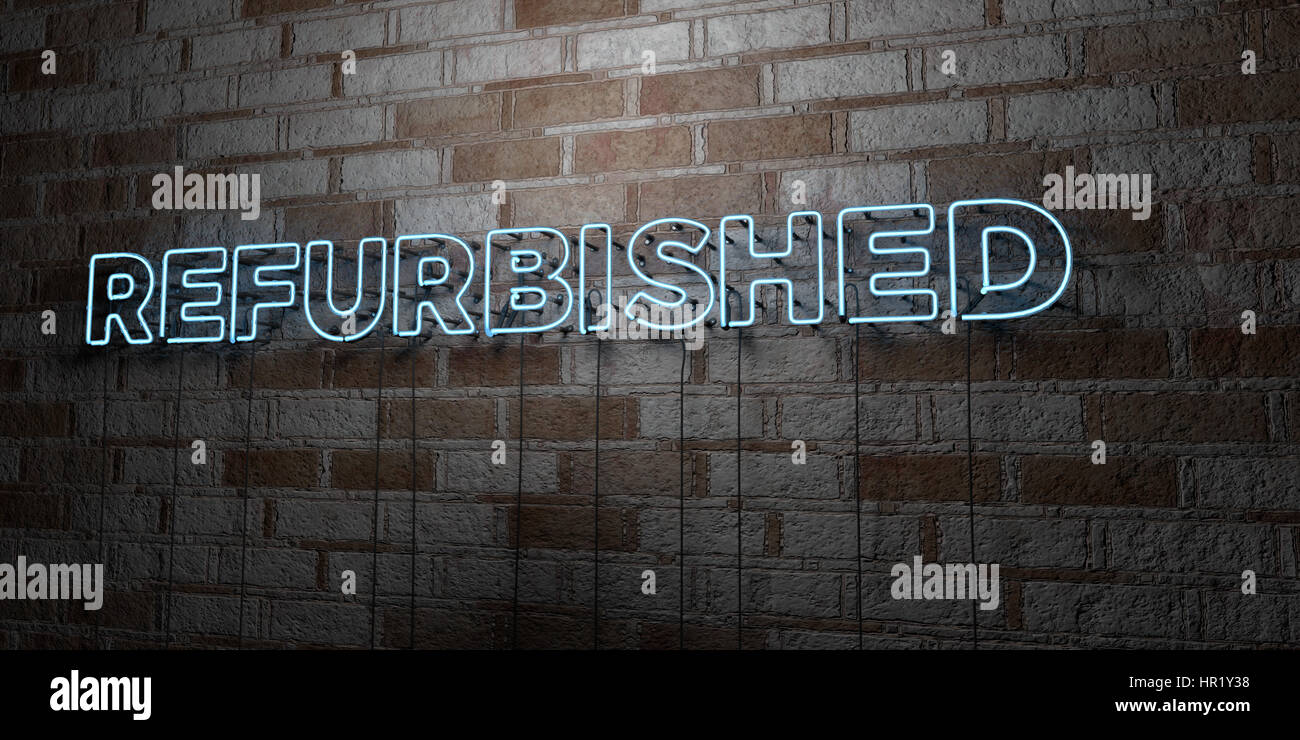 REFURBISHED - Glowing Neon Sign on stonework wall - 3D rendered royalty ...