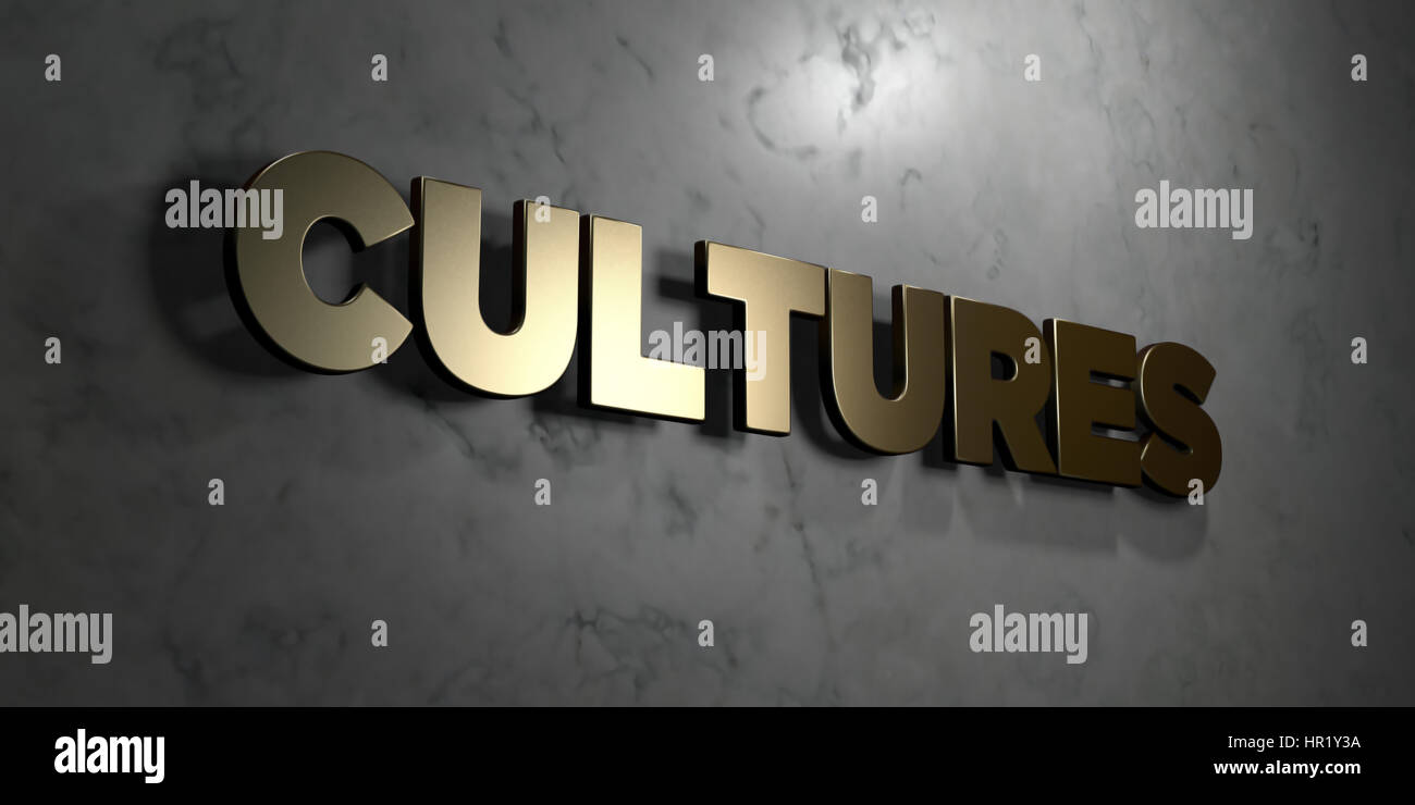 Cultures - Gold sign mounted on glossy marble wall - 3D rendered ...