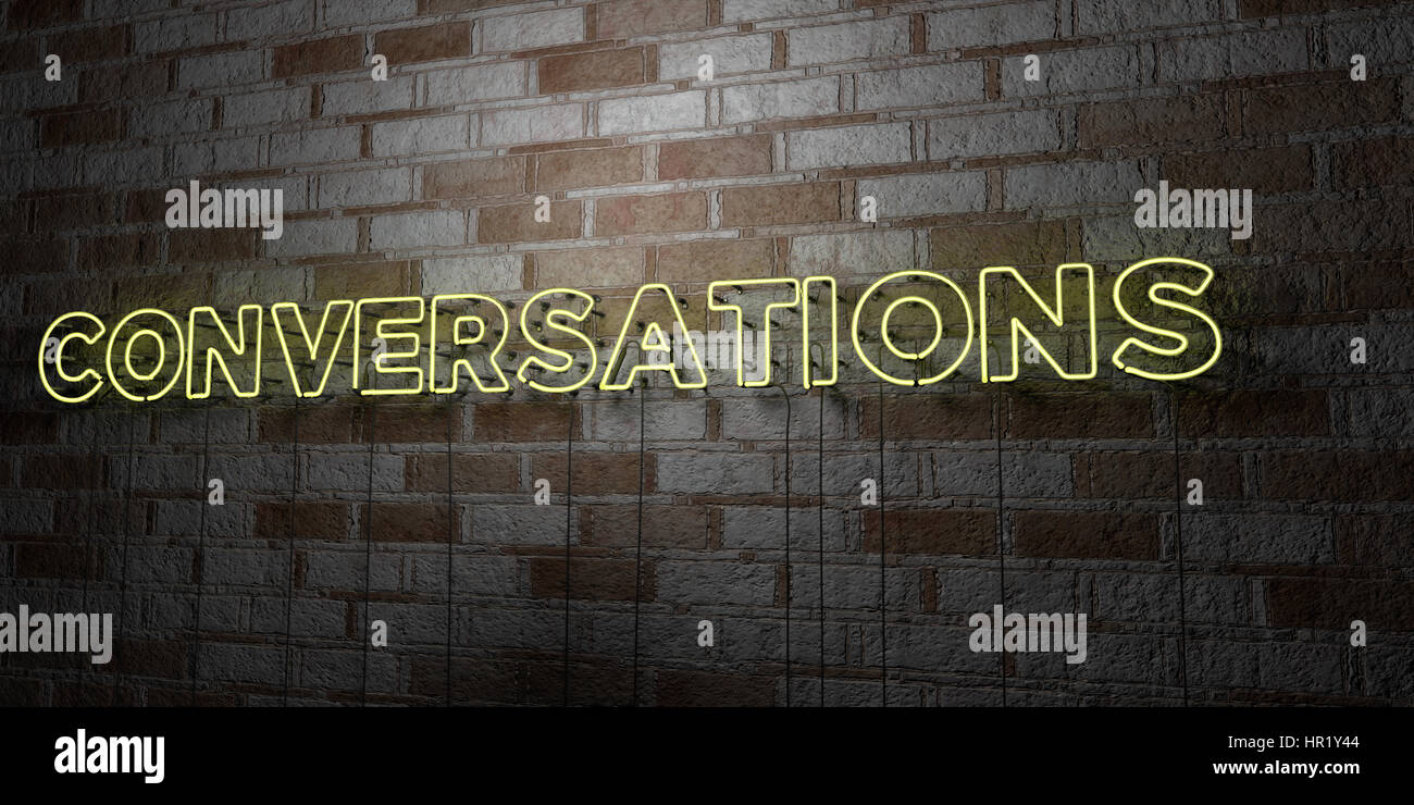 CONVERSATIONS - Glowing Neon Sign on stonework wall - 3D rendered ...