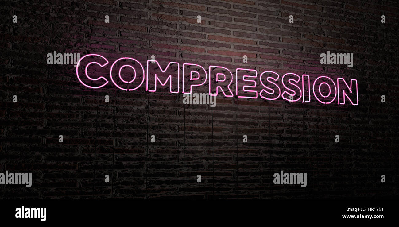 COMPRESSION -Realistic Neon Sign on Brick Wall background - 3D rendered ...