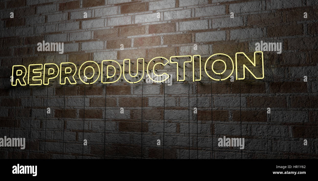 REPRODUCTION - Glowing Neon Sign on stonework wall - 3D rendered ...