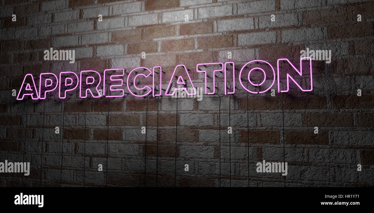 APPRECIATION - Glowing Neon Sign on stonework wall - 3D rendered ...