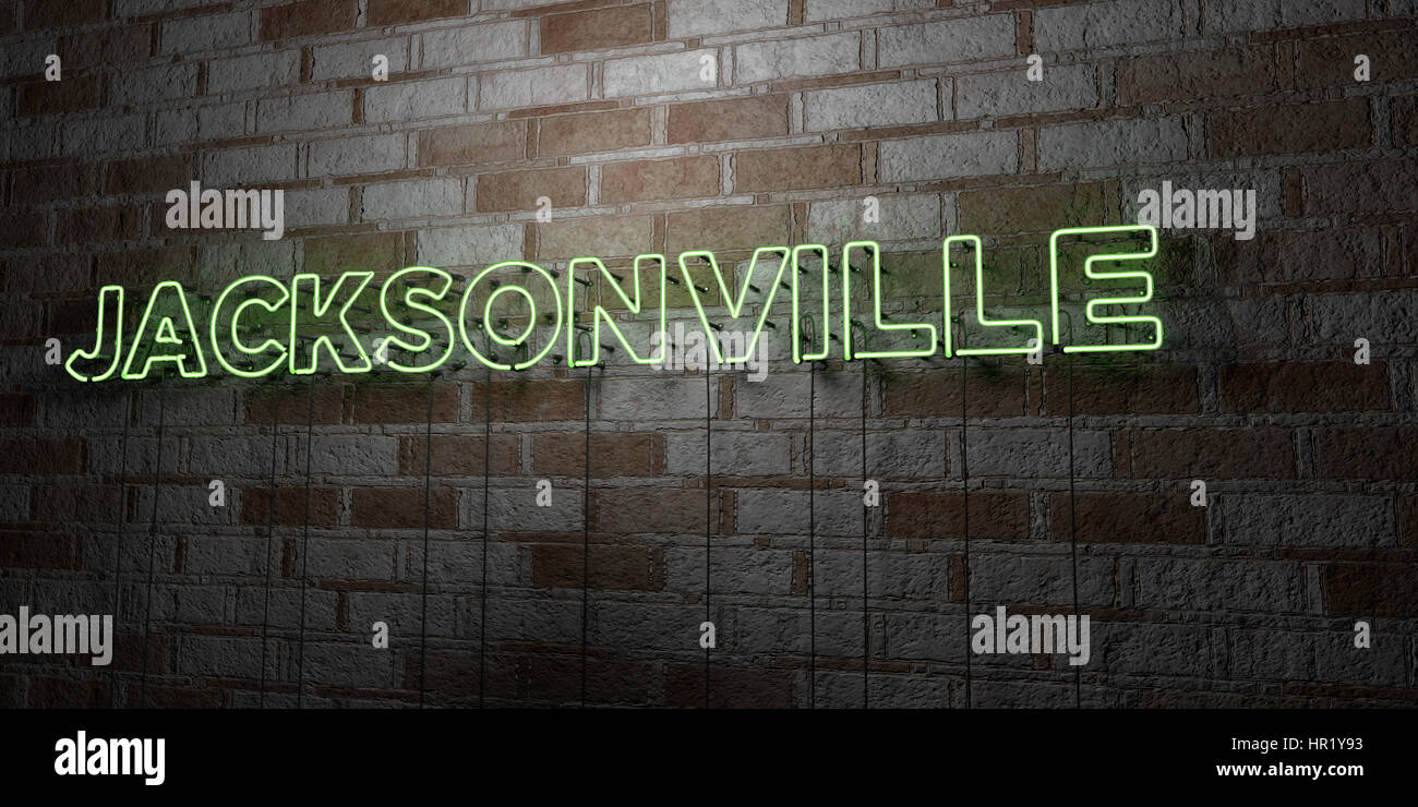 JACKSONVILLE - Glowing Neon Sign on stonework wall - 3D rendered ...