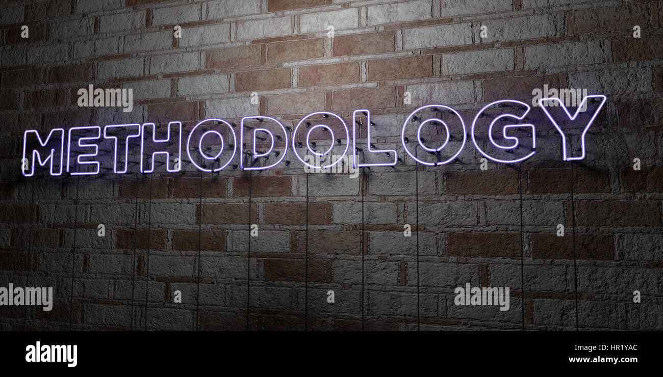 METHODOLOGY - Glowing Neon Sign on stonework wall - 3D rendered royalty ...