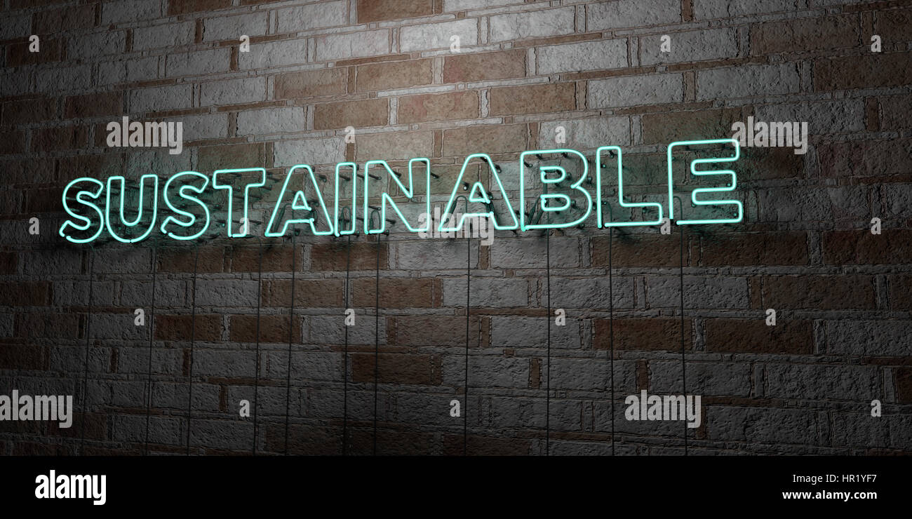 SUSTAINABLE - Glowing Neon Sign on stonework wall - 3D rendered royalty ...