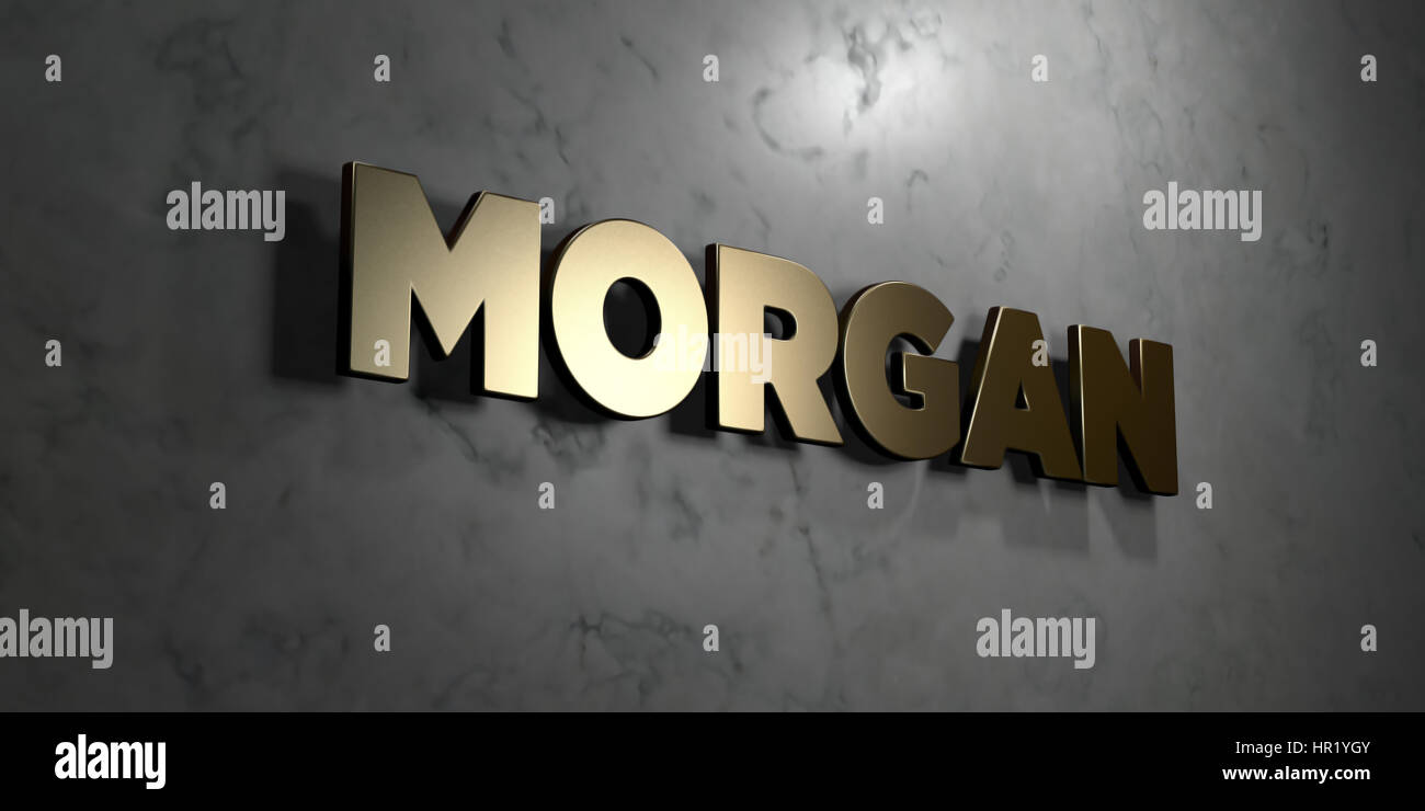 Morgan - Gold sign mounted on glossy marble wall - 3D rendered royalty ...