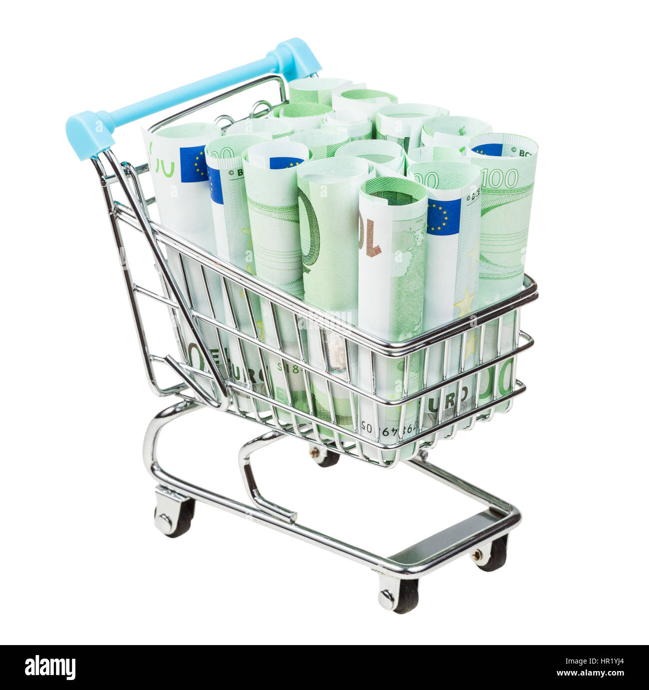 bascart with rolls from euro banknotes isolated on white background ...