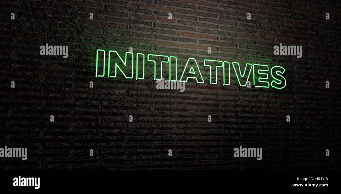 INITIATIVES -Realistic Neon Sign on Brick Wall background - 3D rendered ...