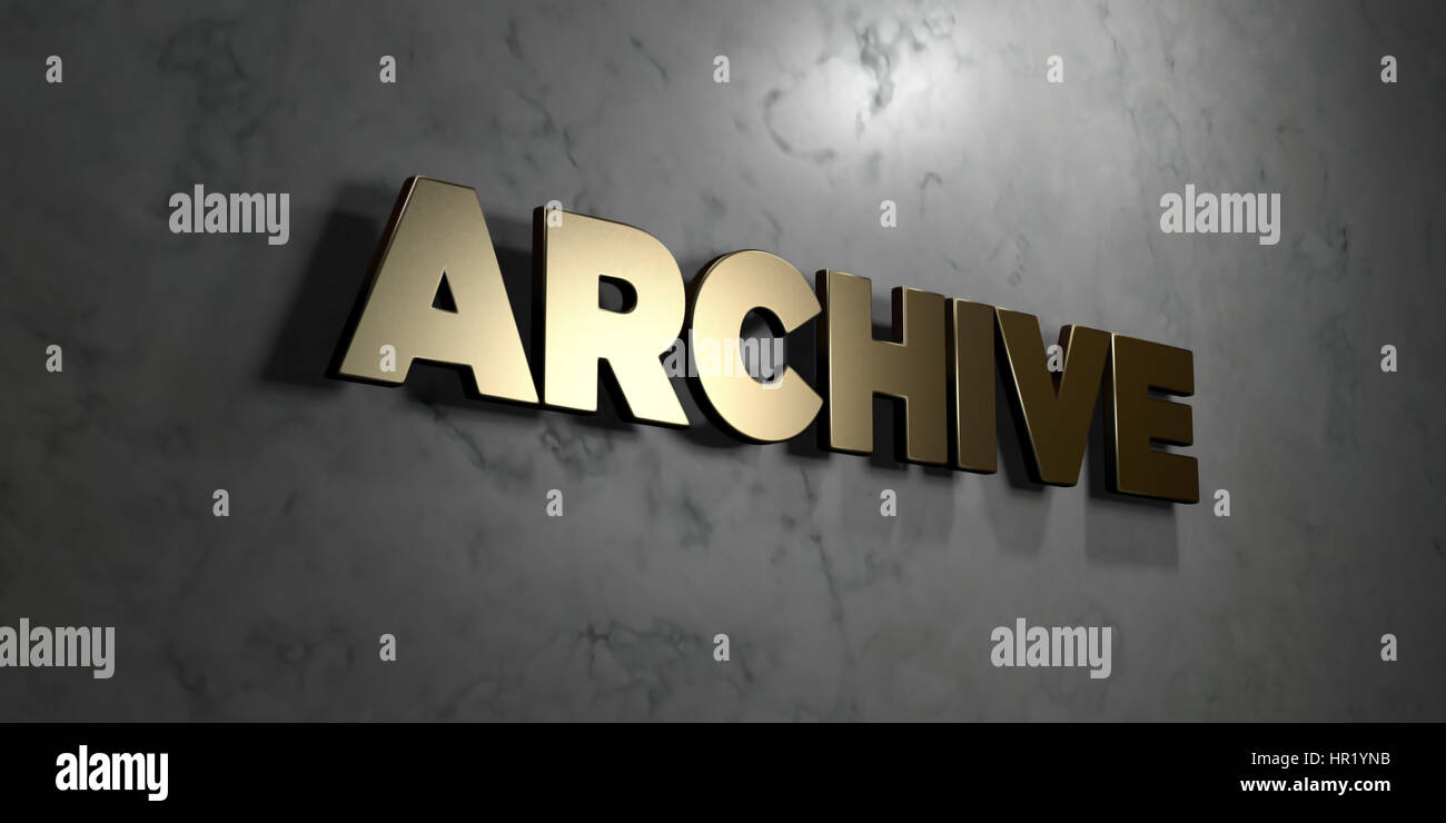 Archive - Gold sign mounted on glossy marble wall - 3D rendered royalty ...
