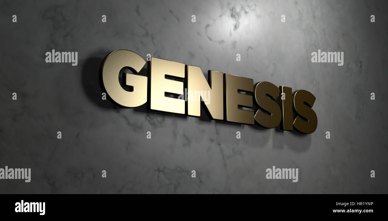 Genesis - Gold sign mounted on glossy marble wall - 3D rendered royalty ...