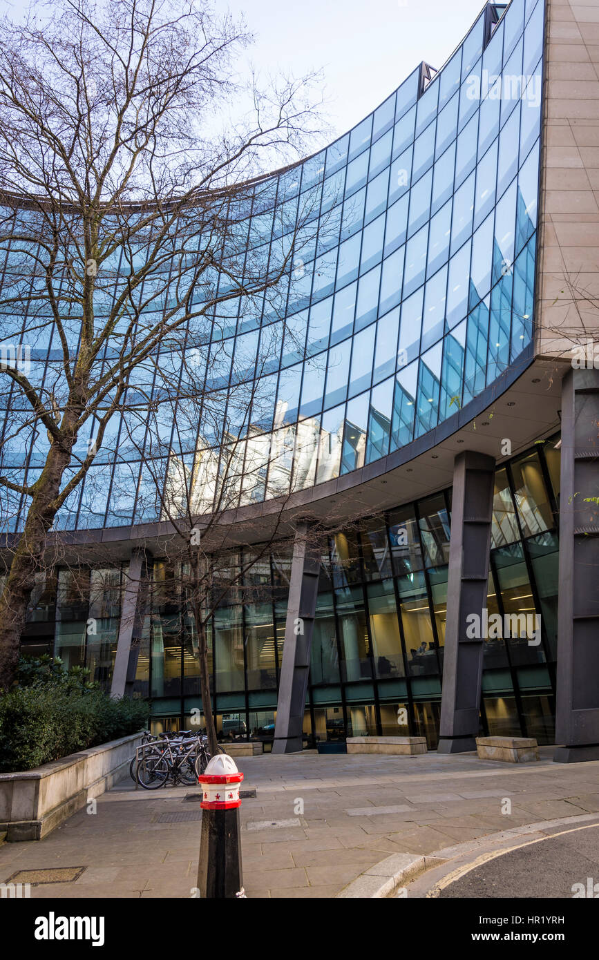 Commercial glass building on Staining Lane from the square of St Mary ...