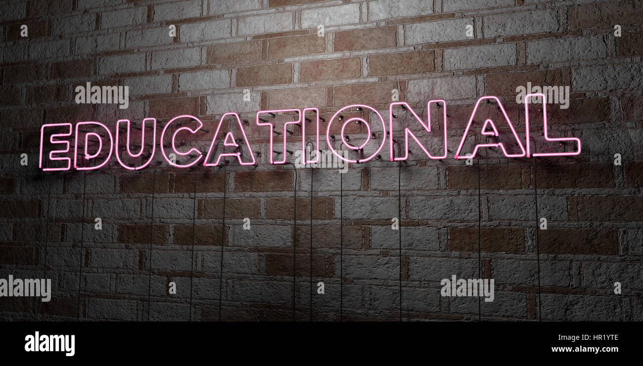 EDUCATIONAL - Glowing Neon Sign on stonework wall - 3D rendered royalty ...