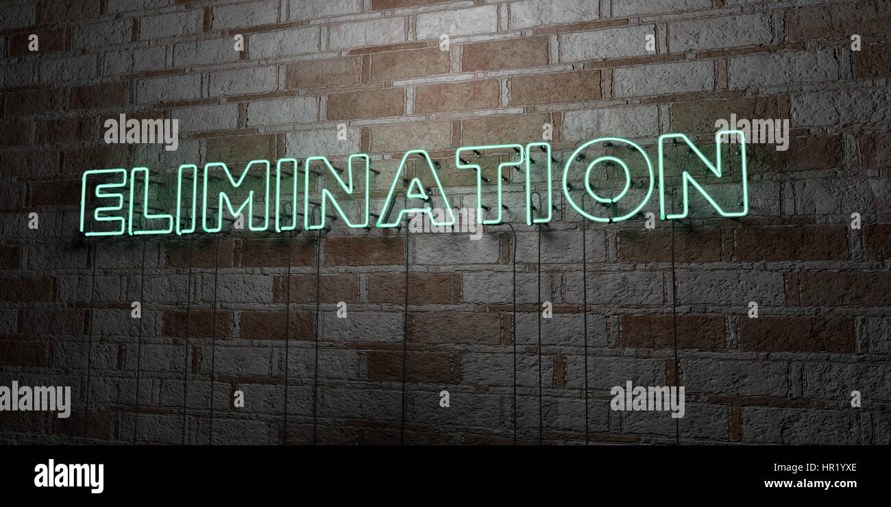 ELIMINATION - Glowing Neon Sign on stonework wall - 3D rendered royalty ...