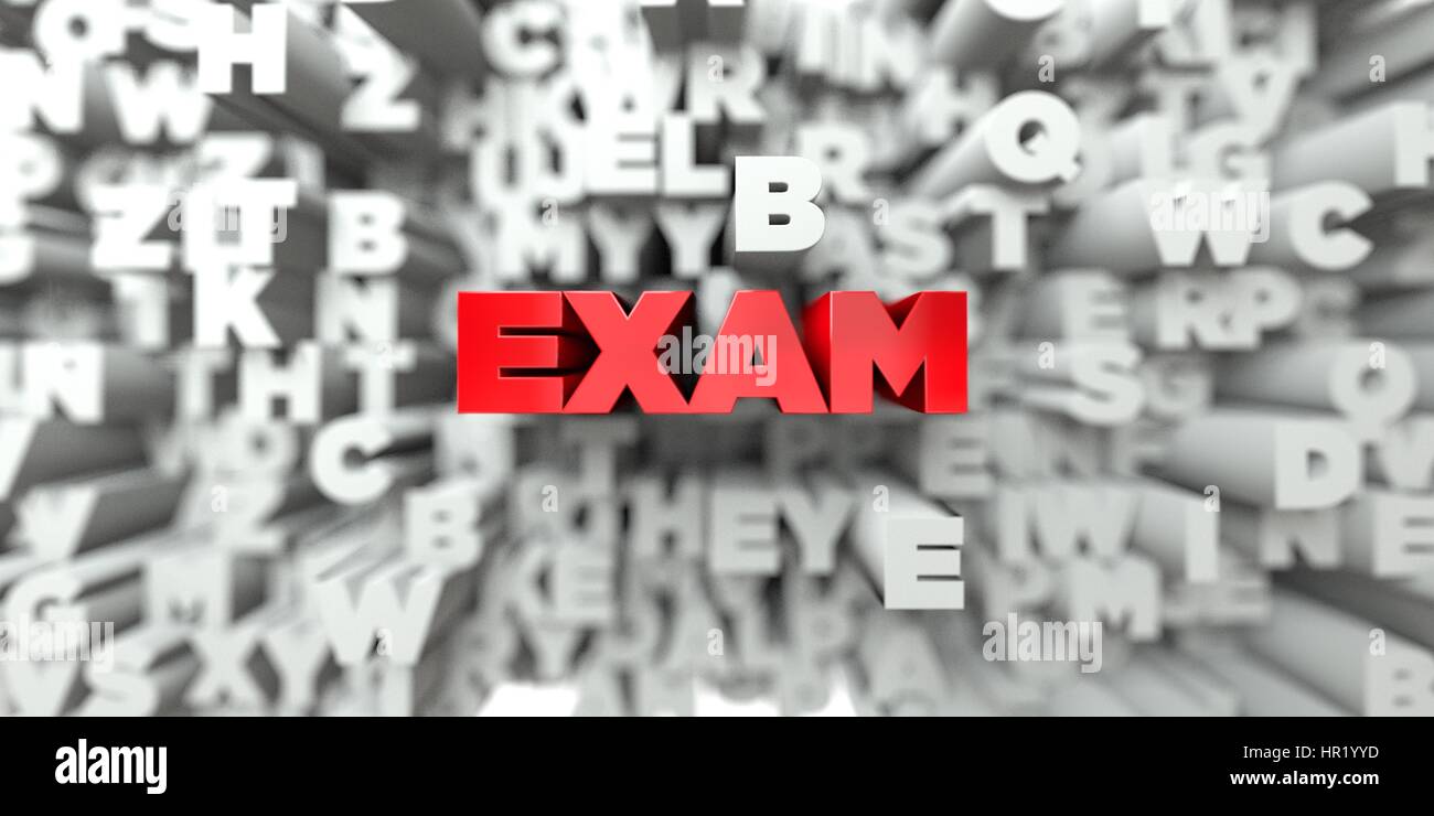 EXAM - Red text on typography background - 3D rendered royalty free ...