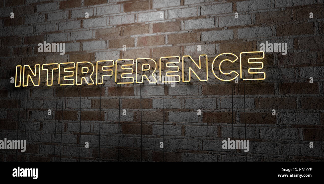 INTERFERENCE - Glowing Neon Sign on stonework wall - 3D rendered ...
