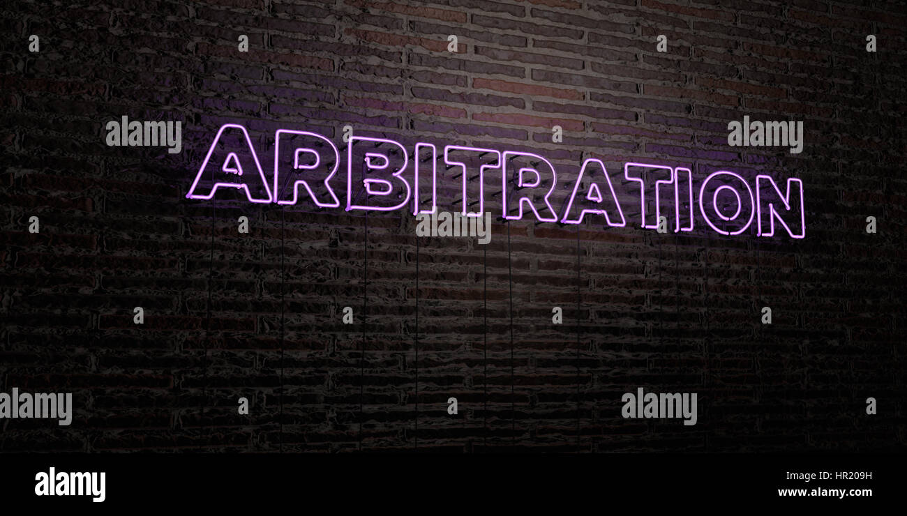 ARBITRATION -Realistic Neon Sign on Brick Wall background - 3D rendered ...