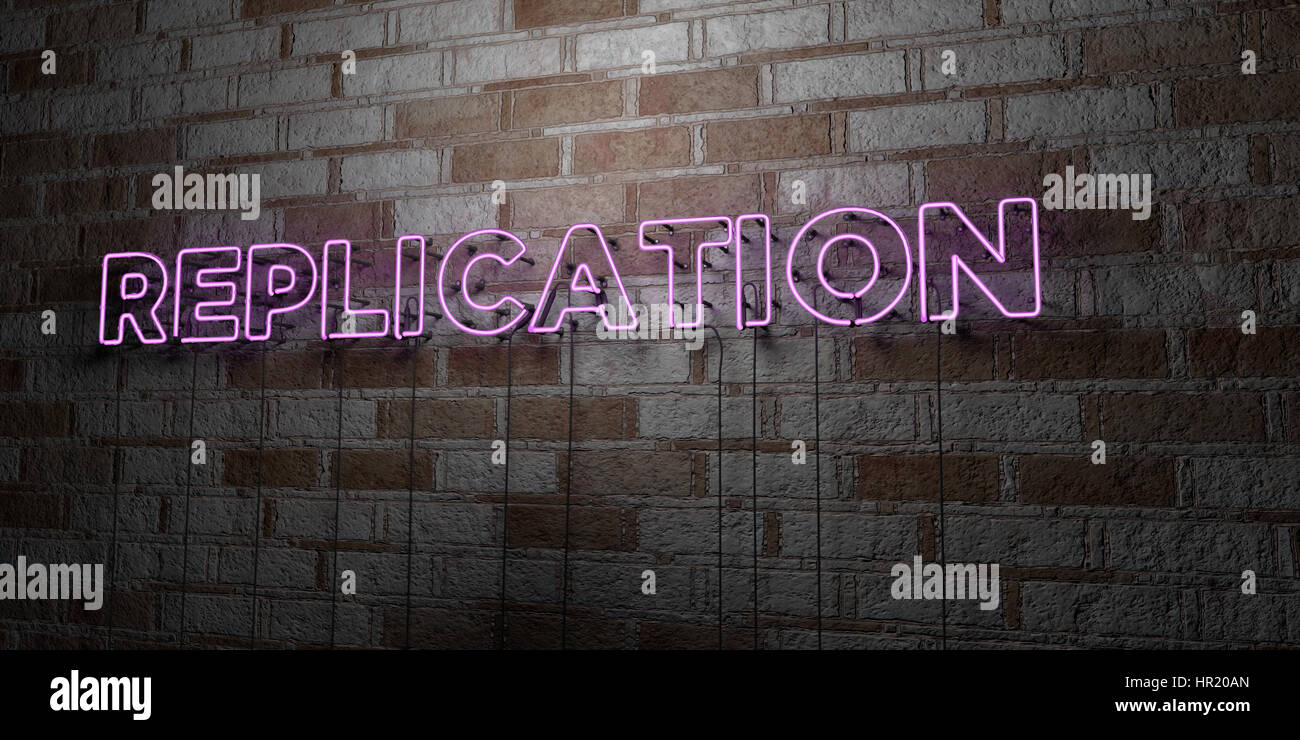 REPLICATION - Glowing Neon Sign on stonework wall - 3D rendered royalty ...