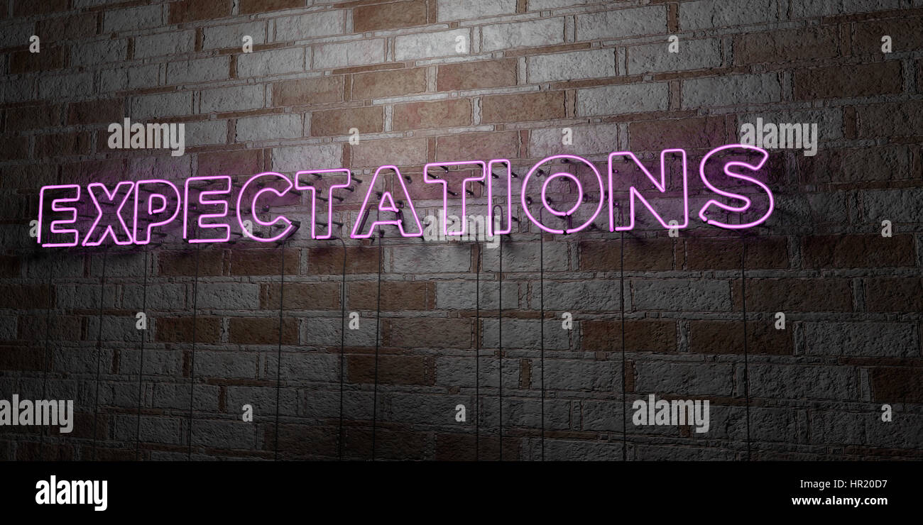 EXPECTATIONS - Glowing Neon Sign on stonework wall - 3D rendered ...