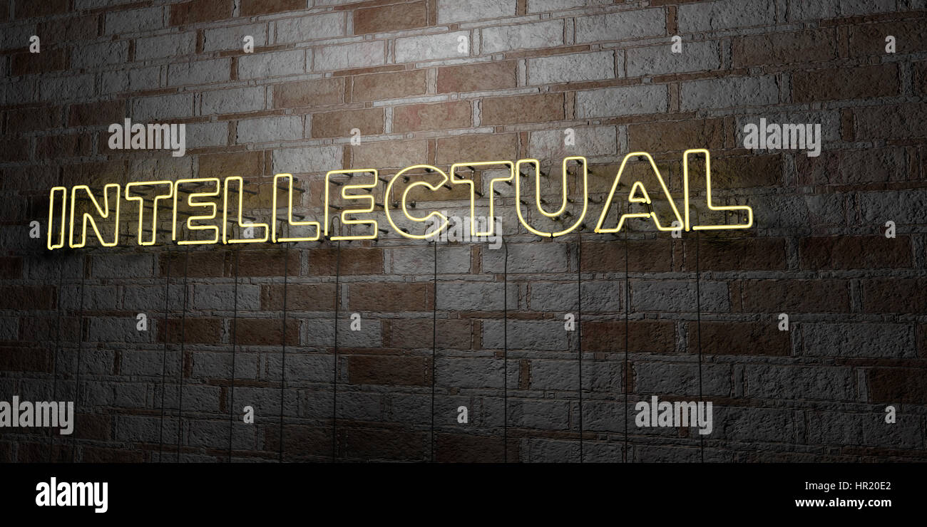 INTELLECTUAL - Glowing Neon Sign on stonework wall - 3D rendered ...