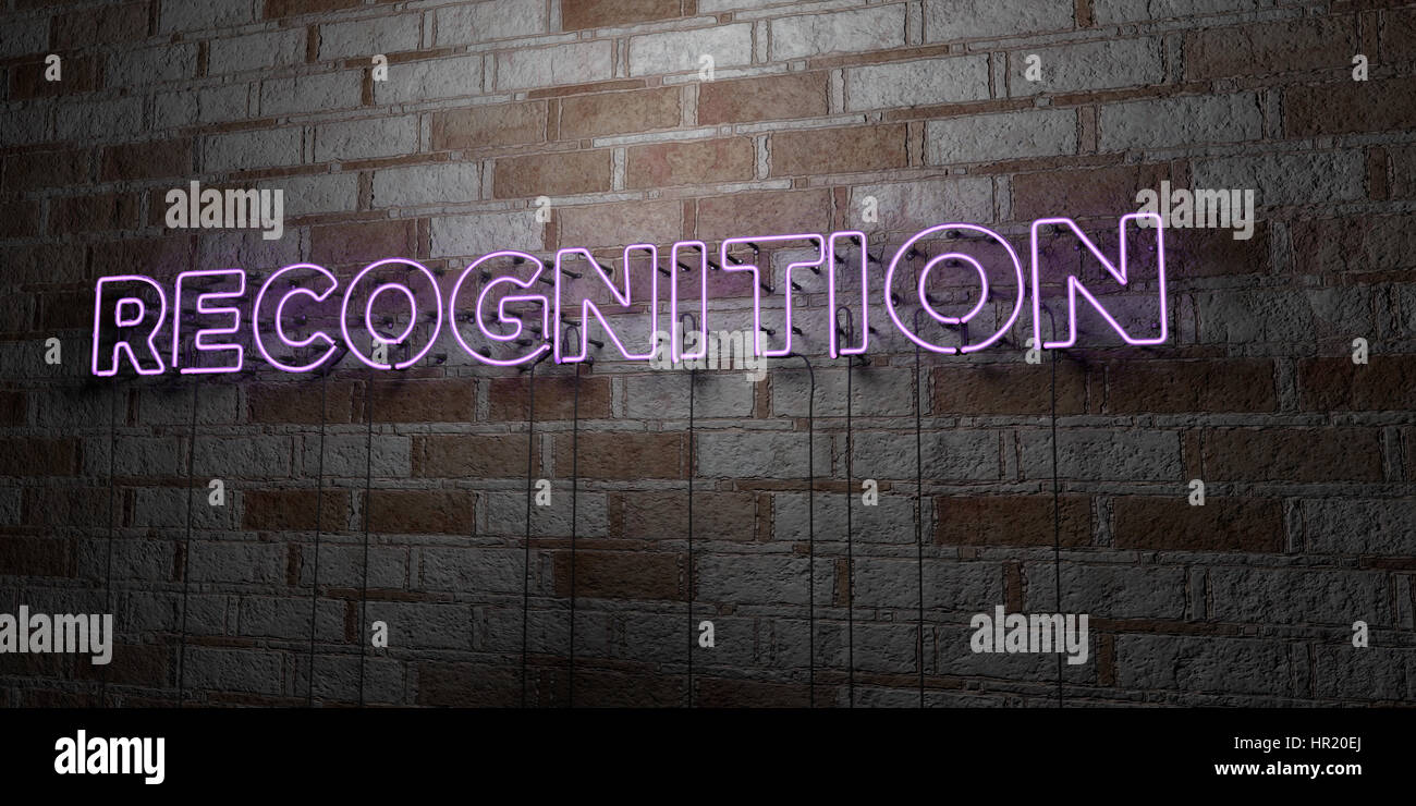 RECOGNITION - Glowing Neon Sign on stonework wall - 3D rendered royalty ...