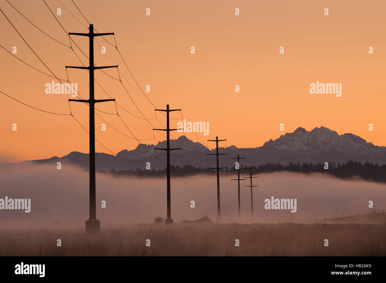 Large transmission towers with power lines in valley with early morning ...
