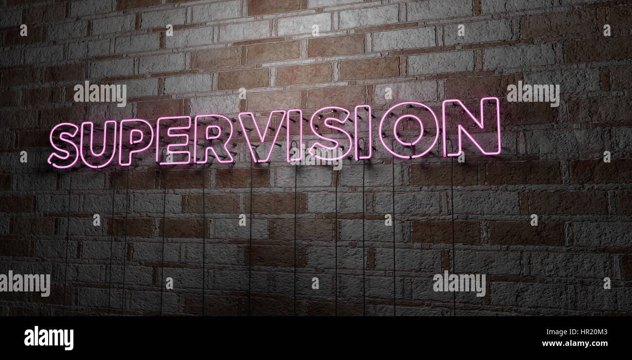 SUPERVISION - Glowing Neon Sign on stonework wall - 3D rendered royalty ...