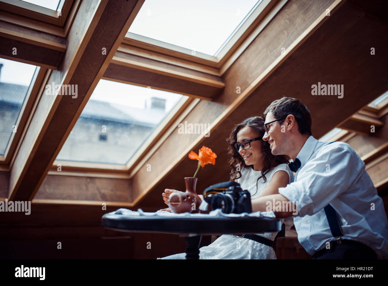 Happy romantic couple in love bonding in cafe Stock Photo - Alamy