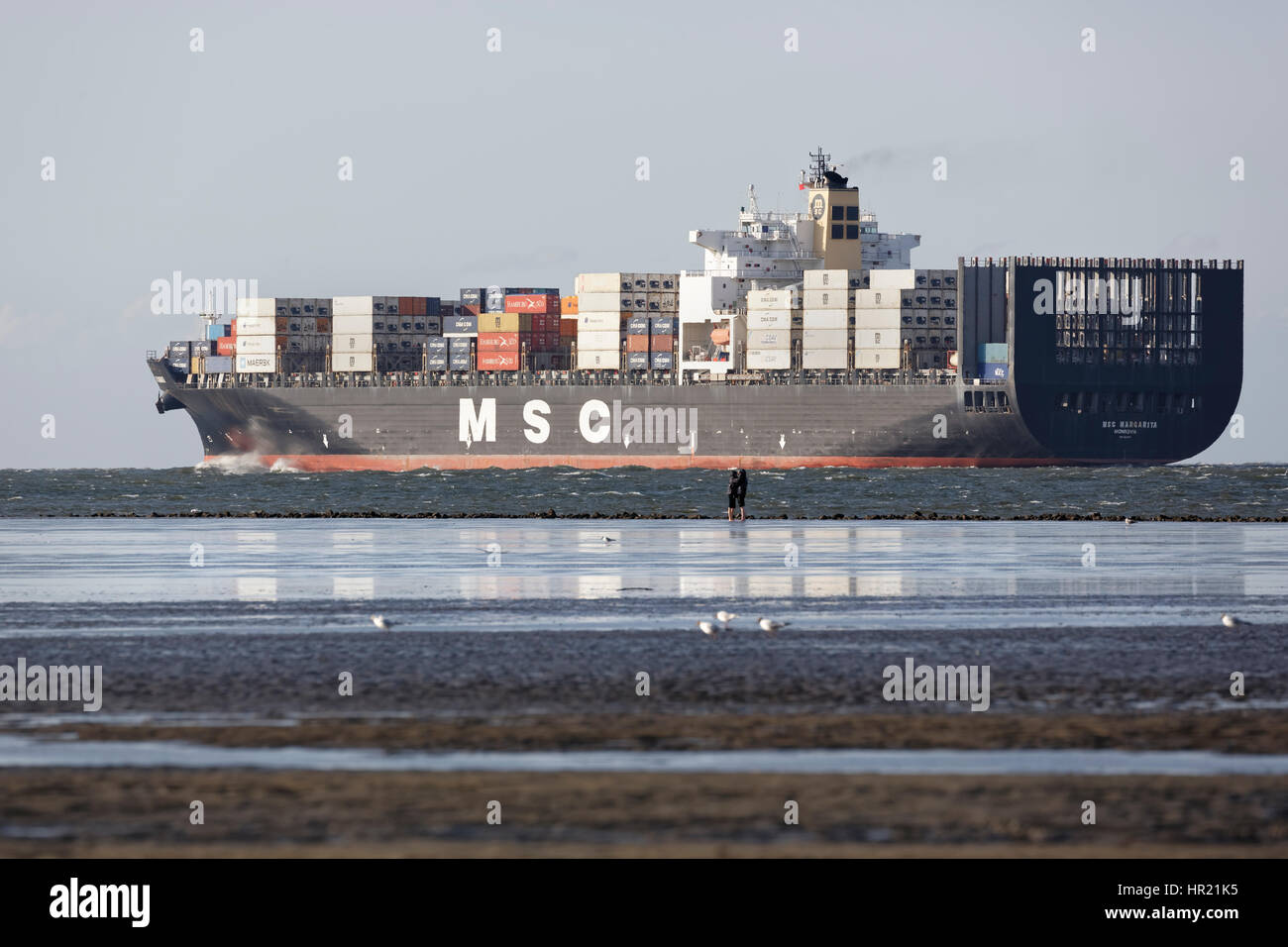 Container ship in the Wadden Sea, Cuxhaven, Lower Saxony, Germany ...