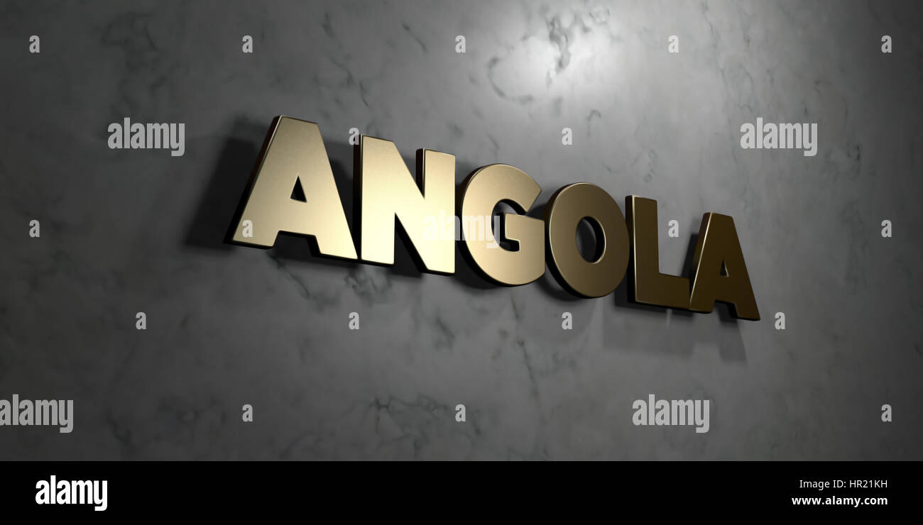 Angola - Gold sign mounted on glossy marble wall - 3D rendered royalty ...