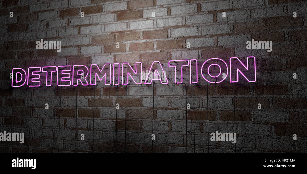 DETERMINATION - Glowing Neon Sign on stonework wall - 3D rendered ...