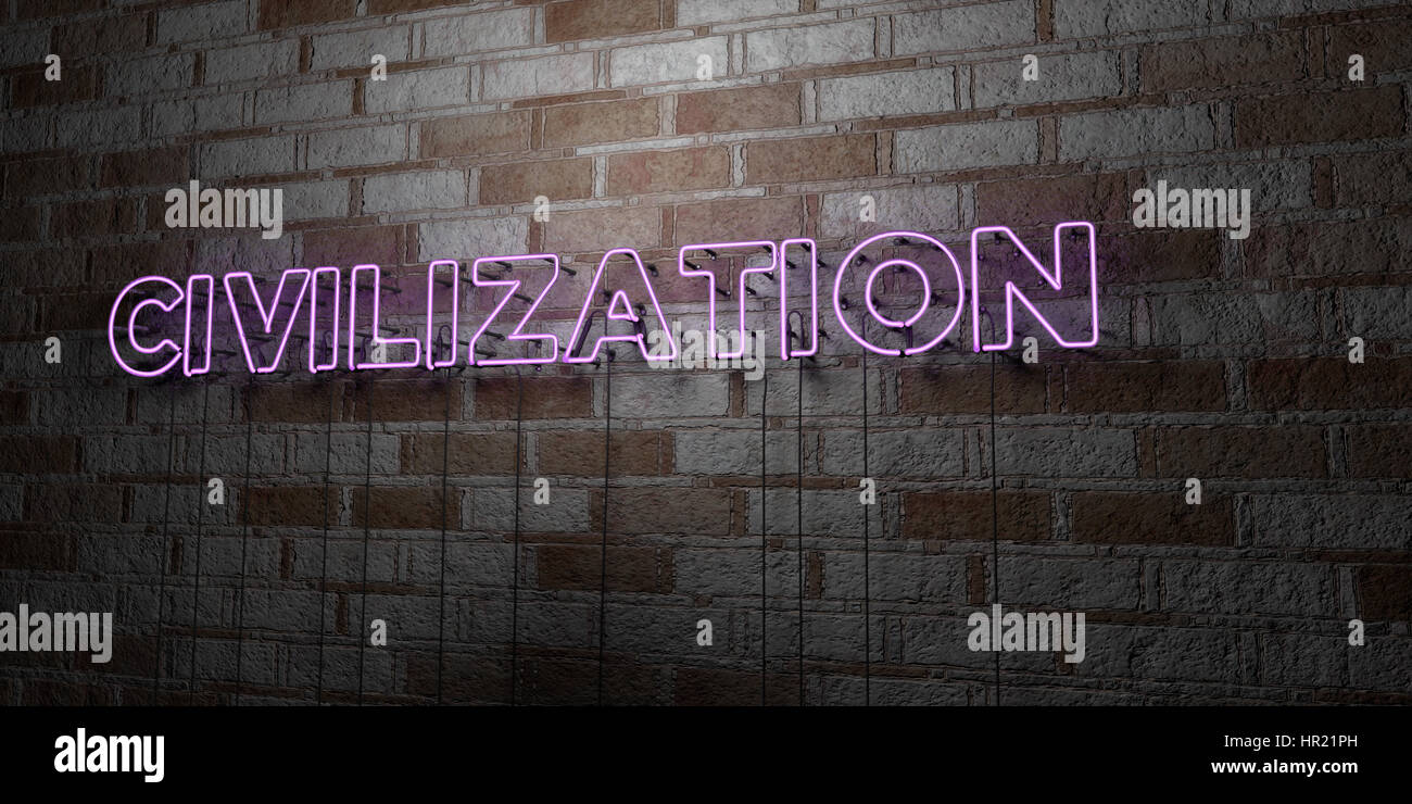 CIVILIZATION - Glowing Neon Sign on stonework wall - 3D rendered ...