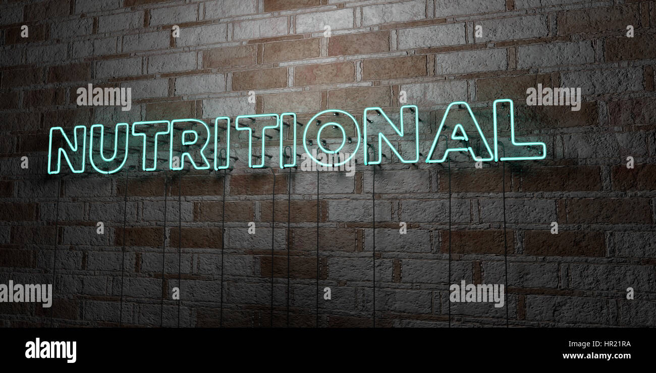 NUTRITIONAL - Glowing Neon Sign on stonework wall - 3D rendered royalty ...