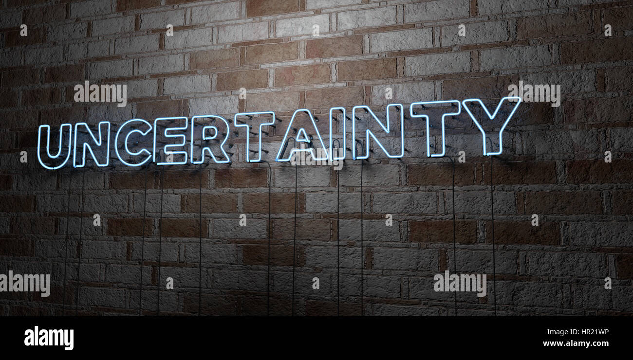 UNCERTAINTY - Glowing Neon Sign on stonework wall - 3D rendered royalty ...