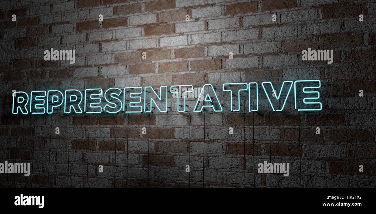 REPRESENTATIVE - Glowing Neon Sign on stonework wall - 3D rendered ...