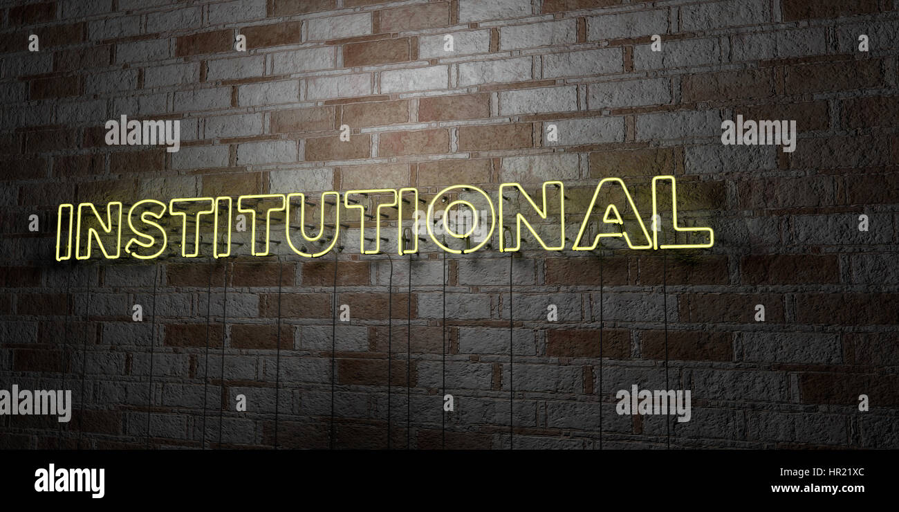 INSTITUTIONAL - Glowing Neon Sign on stonework wall - 3D rendered ...