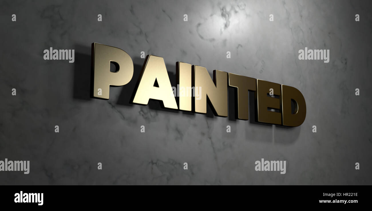 Painted - Gold sign mounted on glossy marble wall - 3D rendered royalty ...