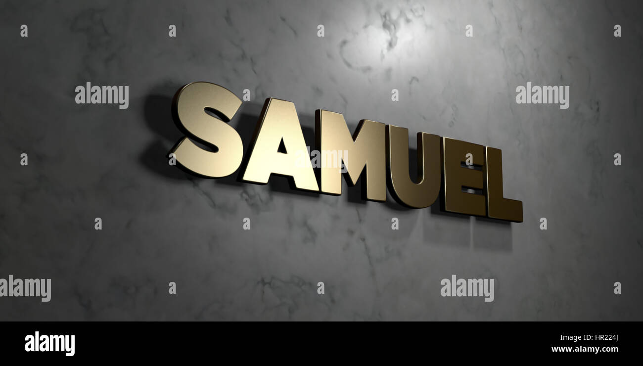 Samuel - Gold sign mounted on glossy marble wall - 3D rendered royalty ...