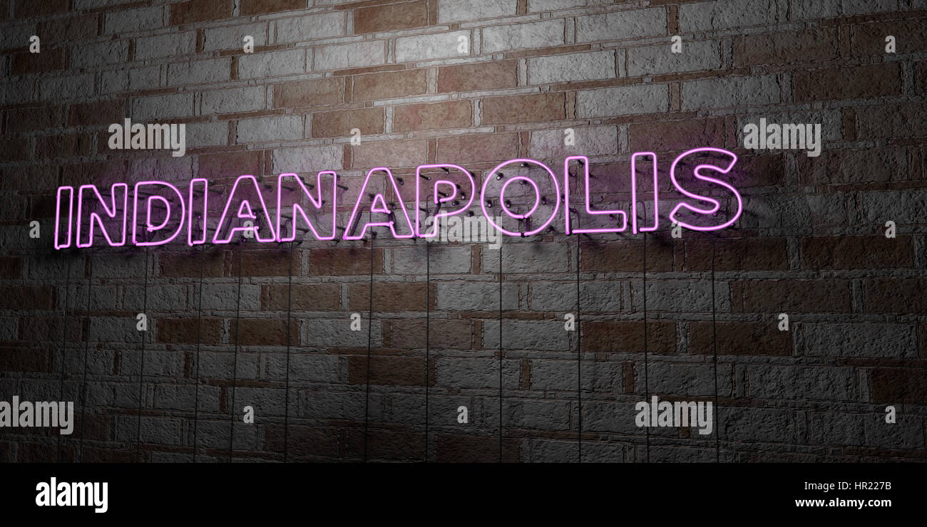 INDIANAPOLIS - Glowing Neon Sign on stonework wall - 3D rendered ...