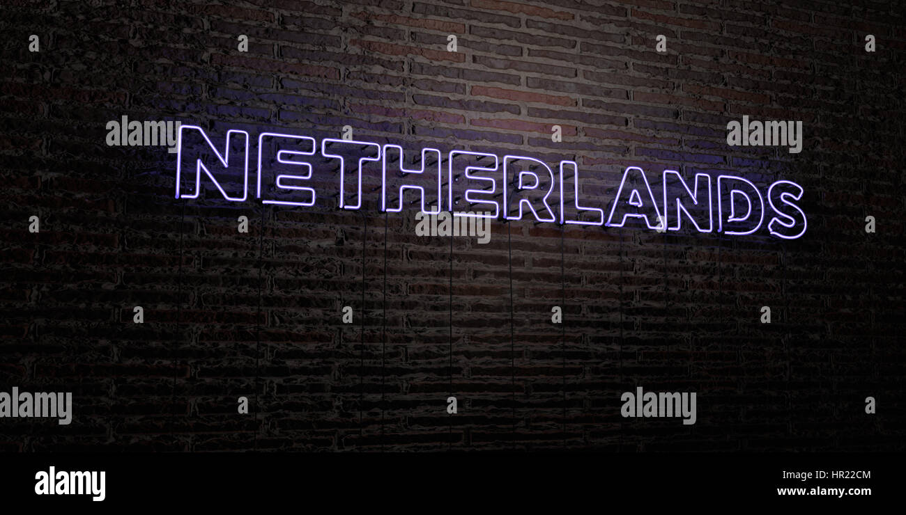 NETHERLANDS -Realistic Neon Sign on Brick Wall background - 3D rendered ...