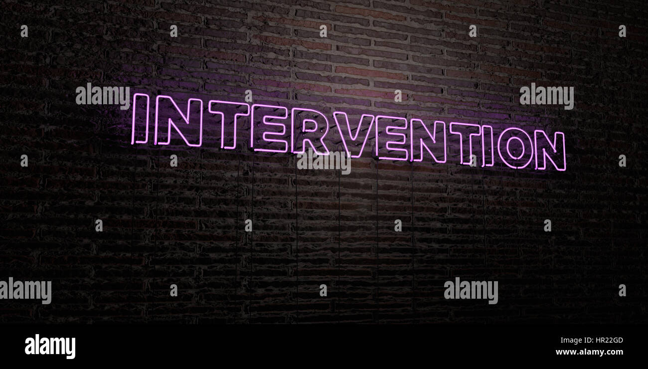 INTERVENTION -Realistic Neon Sign on Brick Wall background - 3D ...