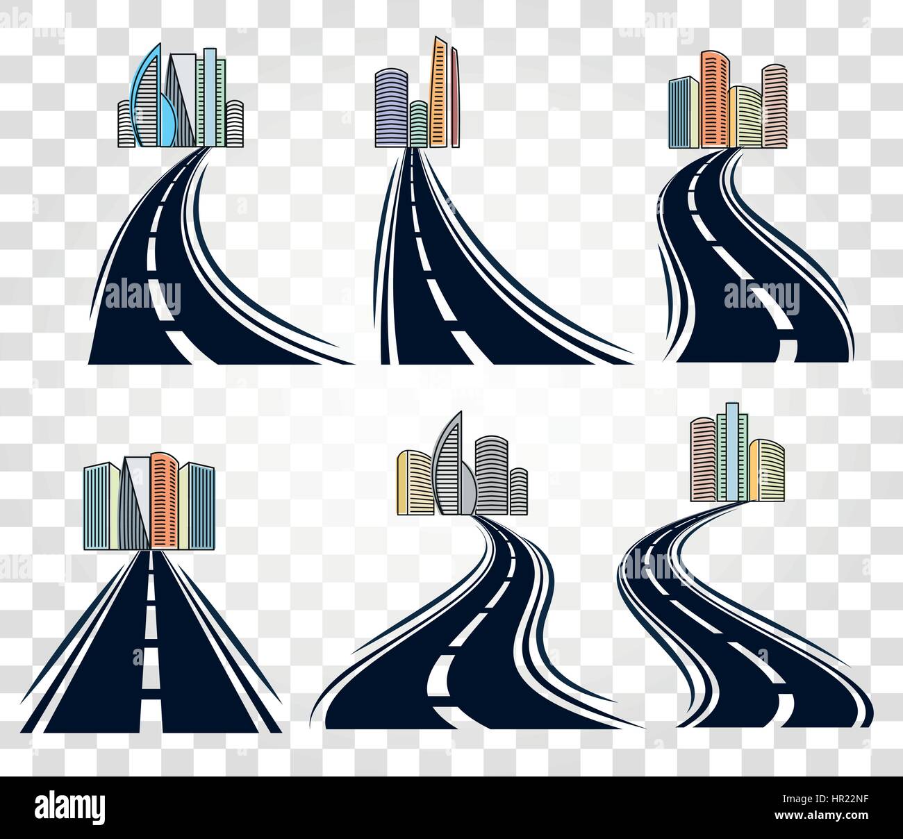 Isolated abstract road with dividing marking and cityscape icons set on ...