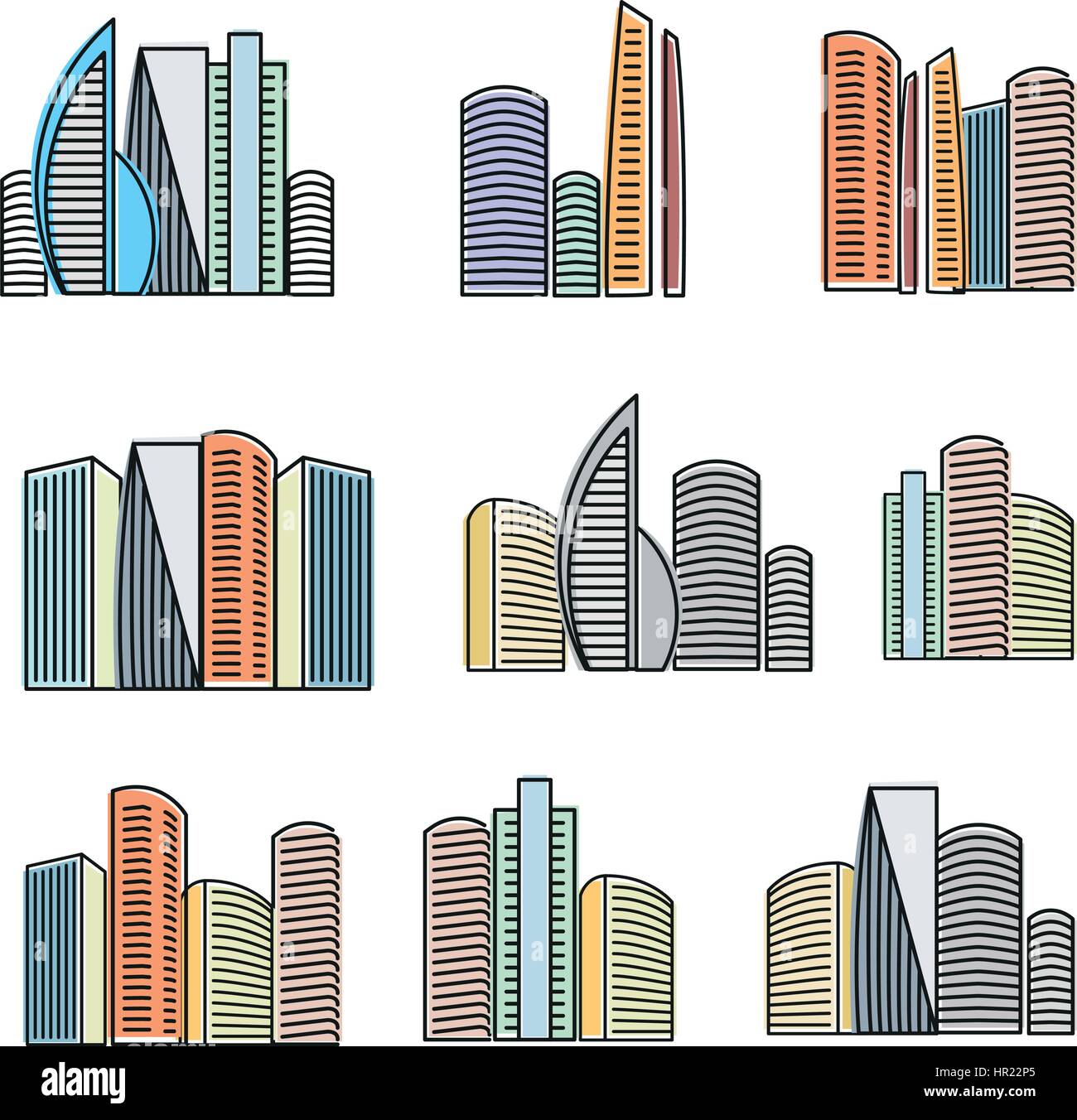 Isolated colorful high buildings icons collection, skyscrapers vector ...