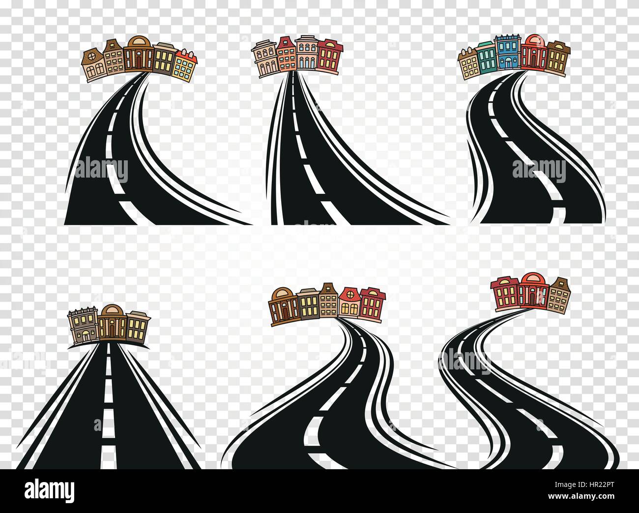 Isolated abstract road with dividing marking and cityscape icons set on ...