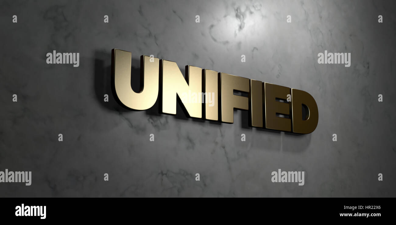 Unified - Gold sign mounted on glossy marble wall - 3D rendered royalty ...