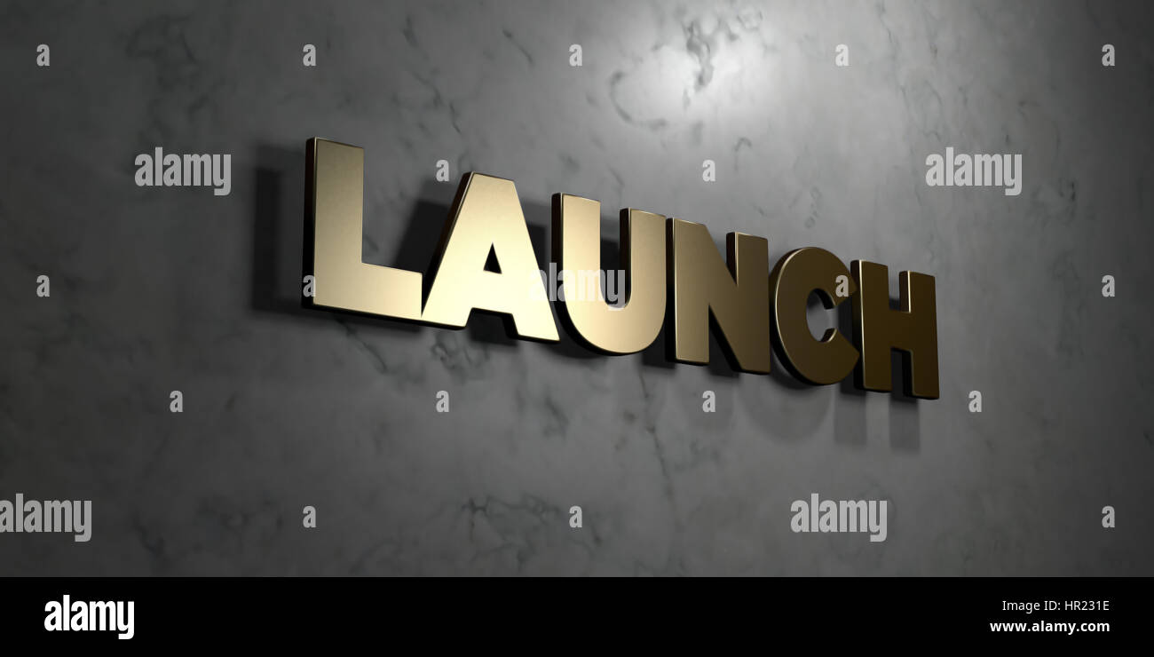 Launch - Gold sign mounted on glossy marble wall - 3D rendered royalty ...