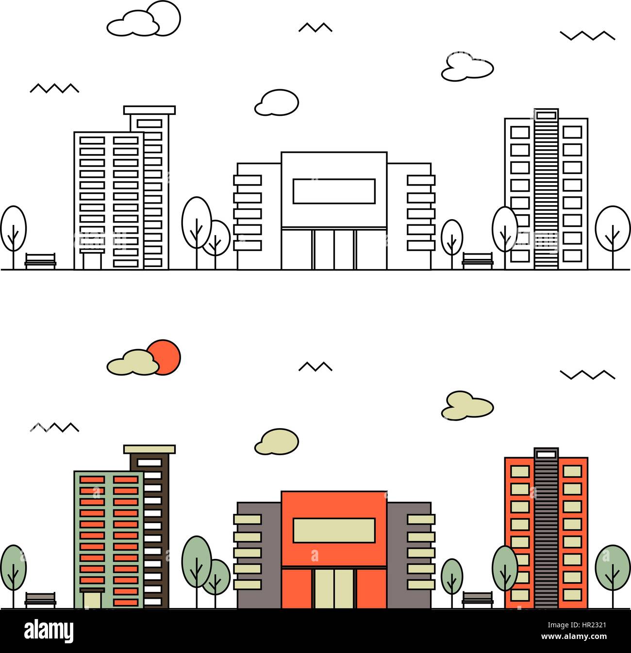 Modern street scenery in outline and flat design style. Residential ...