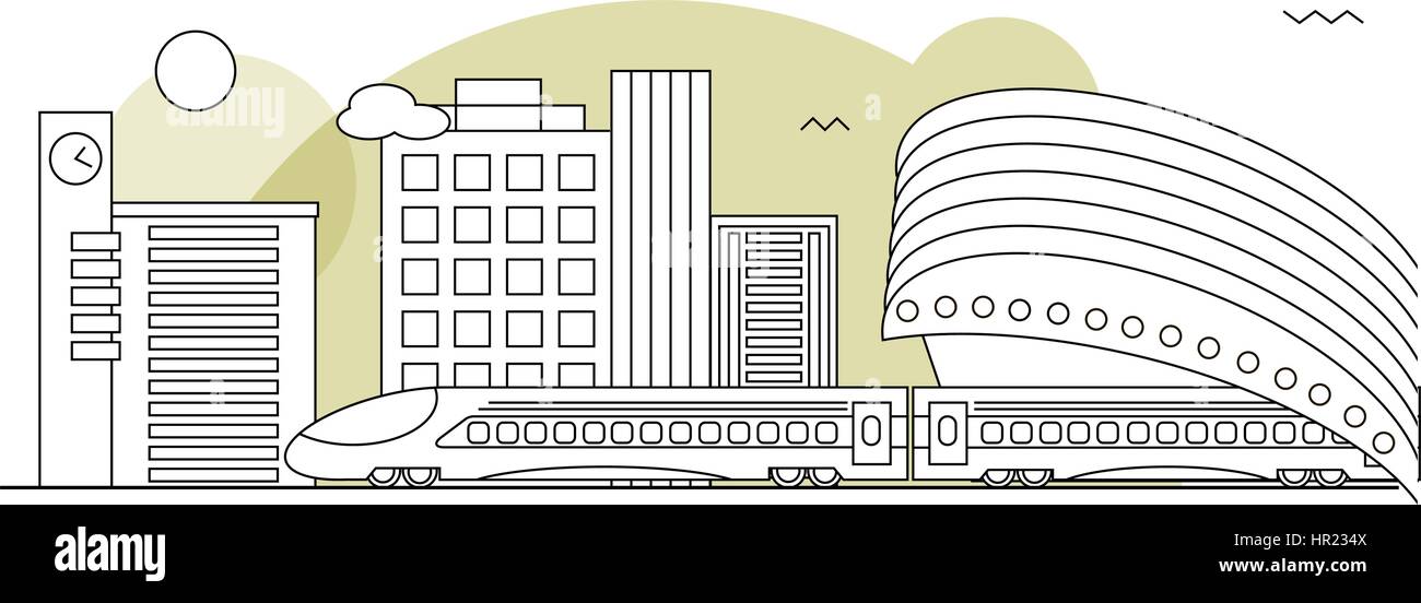Suburban or metro train station outline flat design. Modern cityscape ...