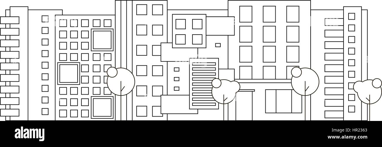 Modern street scenery. Outline flat design style. Residential district ...