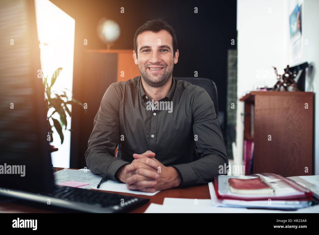 Portrait successful businessman sitting computer hi-res stock ...
