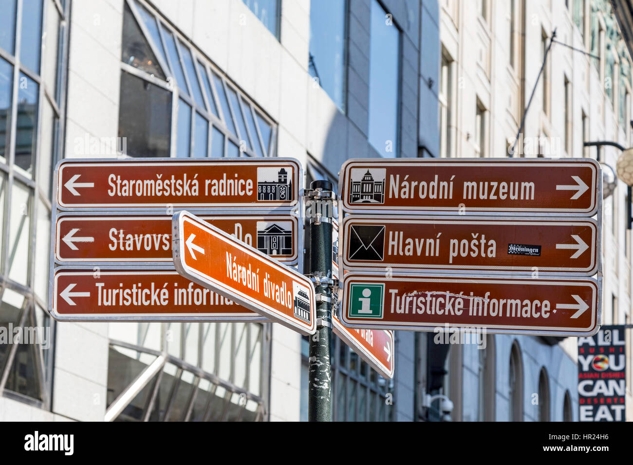 Touristic signposts in the Czech language and iconic images of the main ...
